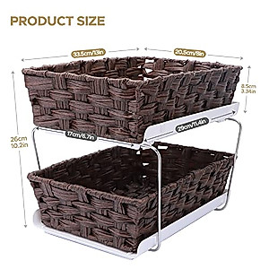 TCJJ 2-Tier Brown Storage Baskets for Organizing, Under Bathroom/Kitchen Sink Organizers and Storage, 2 Woven Sliding Baskets for Bathroom Kitchen Pantry Medicine Cabinet Counter