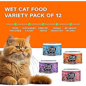 Pure Cravings Wet Cat Food Variety Pack Tuna, Salmon, Sardines, Tuna/Salmon in Gravy, 100% Mercury-Tested, Moist Can Fish for Cats, Grain-Free, Protein, Non-GMO, Pack of 12