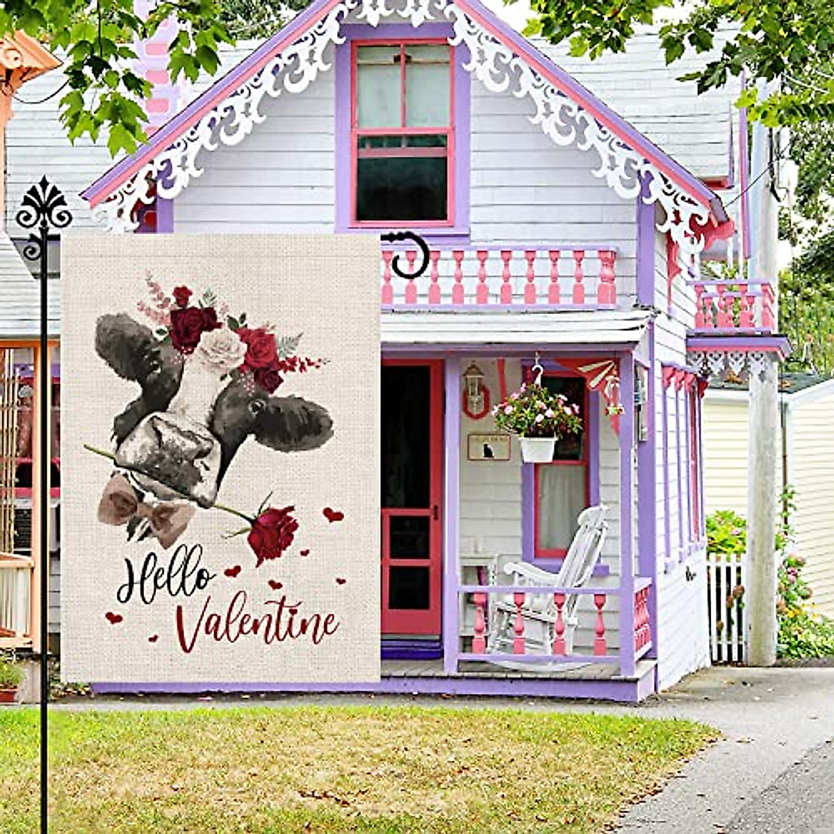 Welcome Valentine's Day Garden Flag Cow Rose Flower 12.5 x 18 Inch Vertical Double Sided Flag Holiday Outside Yard Decoration Anniversary Wedding Farmhouse Valentines Day Decor