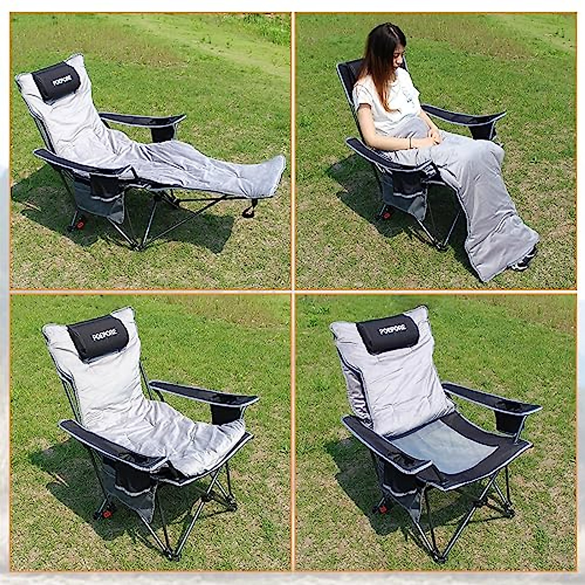 POEPORE Reclining Camping Chair with Removable Footrest Lounge Chair with Headrest, Cotton Cushion, Portable Adjustable Folding Chairs for Adults