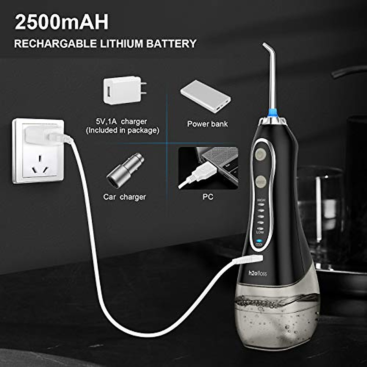H2ofloss Water Flosser Portable Dental Oral Irrigator with 5 Modes, 6 Replaceable Jet Tips, Rechargeable Waterproof Teeth Cleaner for Home and Travel -300ml Detachable Reservoir