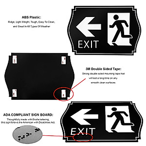 KickFire Classics Exit Sign Braille - ADA Compliant Black and White Signage, Self-Adhesive Mounted - Tactile Emergency Route Board for Office, Business, Stairwell, Home and Restaurant - Arrow Left