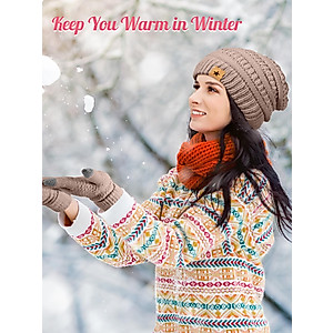 Suhine 4 Pcs Winter Hat and Gloves for Women Slouchy Beanie Hats Knitted Touchscreen Gloves Warm Winter Sets for Women Girls (Black, Caramel)