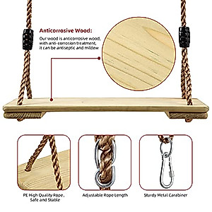 PELLOR Wooden Tree Swing for Kids - Anticorrosive Hanging Swing Seat 17.1 x6.8 x1.1, Adjustable PE Rope Kids Swing for Backyard Patio Garden Playground,220lbs