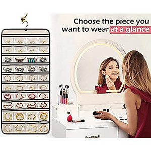 MISSLO Dual-sided Hanging Jewelry Organizer with 40 Pockets and 20 Hook & Loops Closet Necklace Holder for Earring Bracelet Ring Chain with Rotating Hanger, Beige