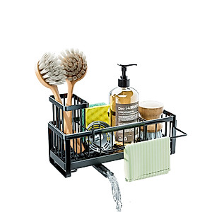 SWTYMIKI Kitchen Sink Caddy Organizer with Dishcloth Holder, Rustproof Stainless Steel Sponge Holder for Kitchen Sink with Removable Drain Tray, Sink Organizer for Sponge Dishcloth Brush in Black
