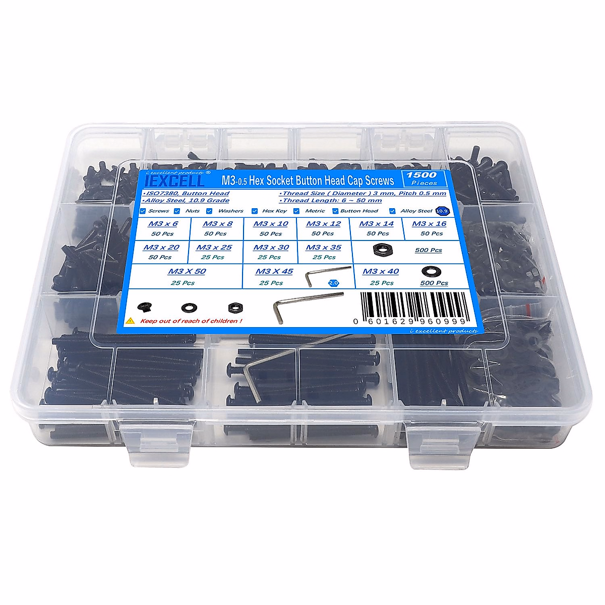 iexcell 1500 Pcs M3 x 6/8/10/12/14/16/20/25/30/35/40/45/50 Alloy Steel 10.9 Grade Hex Socket Button Head Cap Screws Bolts Nuts Washers Assortment Kit, Black Oxide Finish
