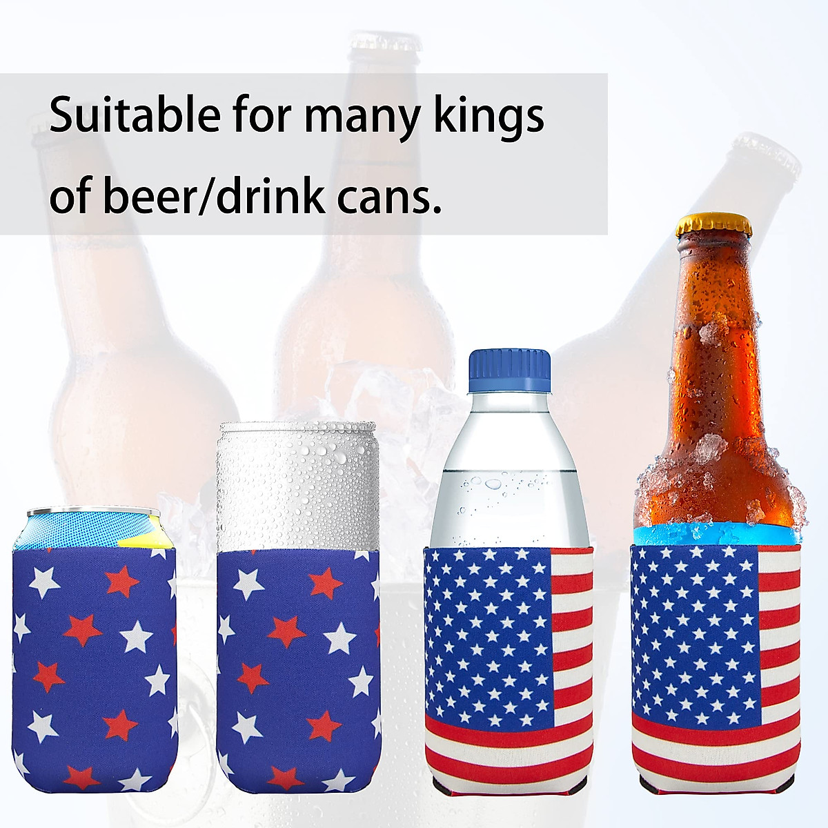 12 PCS Can Cooler Sleeves - American Flag Soda Beer Drink Coolies - Insulated Collapsible Cooler Holder to Glass or Bottle for American Independence Day, National Day (USA Flag Horizontal + Star Blue)