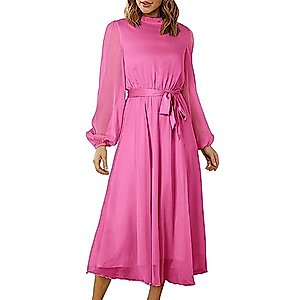 Dokotoo Womens Fall Cocktail Dresses for Women 2023 Long Puff Sleeve Tie Waist Mock Neck High Waist A-Line Casual Birthday Evening Party Formal Midi Dress Pink X-Large