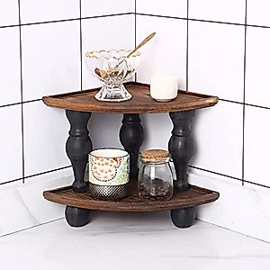 GoFika Small Corner Shelf Stand, 2 Tier Pine Wood Shelving Unit Black, Display Riser for Bathroom, Storage Organizer Rack for Kitchen, Stackable Pedestal Tray for Living Room (L:8in W:8in H:7.5in)