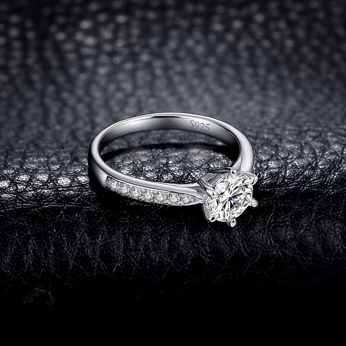 JewelryPalace Classic 6.5mm 1ct Moissanite Solitaire Engagement Rings for Women, 925 Sterling Silver Promise Ring for Her, Round Cut Simulated Diamond Anniversary Wedding Rings D-E Size 6