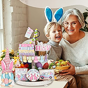 14 Pieces Easter Tiered Tray Decorations Includes 1 Pc Easter Gnomes Bunny Plush Doll 3D Wooden Centerpiece Table Signs Easter Pattern Wood Flag Happy Spring Decoration for Indoor Home Kitchen Decor