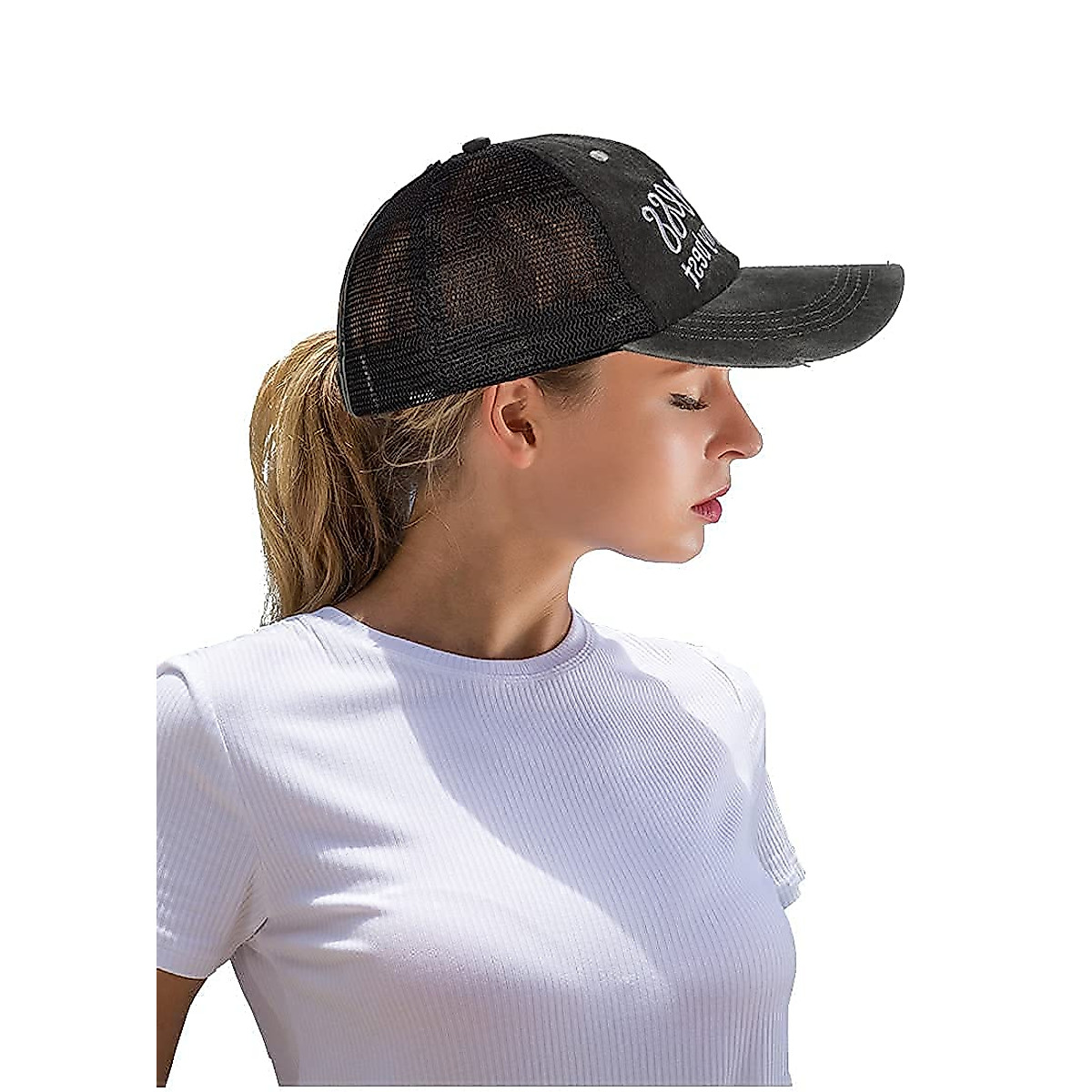 FADACHY Hot Mess Baseball Cap Women Ponytail Hat Black Messy Bun Hat Adjustable Trucker Hat Ponytail Hat