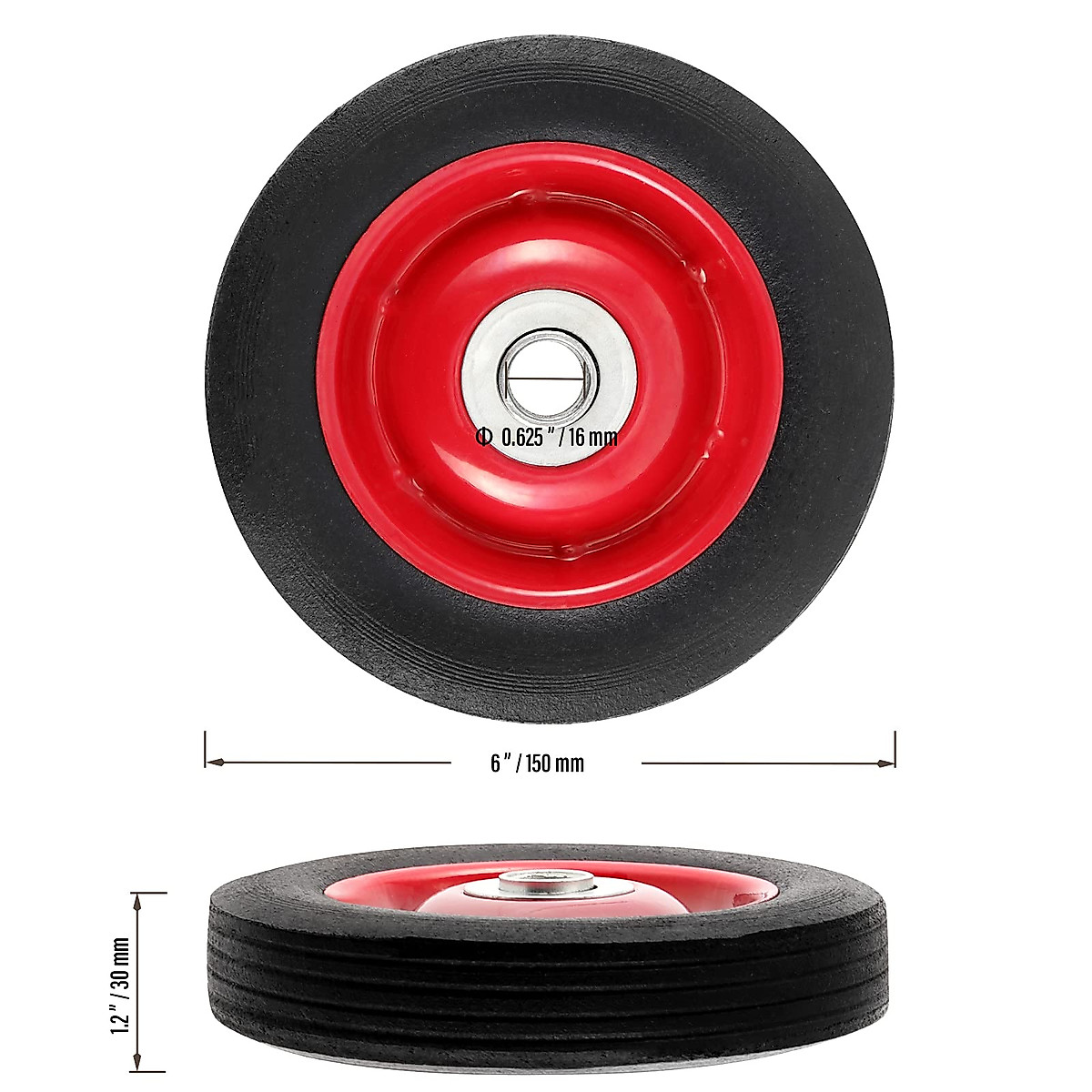MUKLEI 5 Pack 6 x 1.2 Inch Solid Rubber Flat Free Tire, Hand Truck Wheel with Ball Bearing and 5/8 Inch Axle Diameter, Solid Rubber Wheel, 350 lbs Capacity