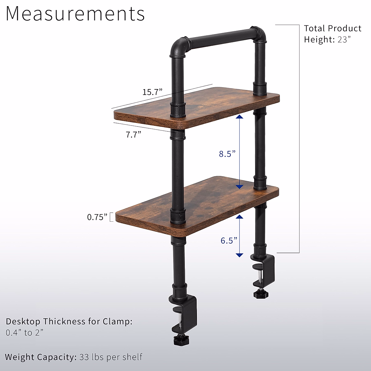 VIVO Clamp-on Premium 16 inch Industrial Pipe 2-Tier Tabletop Shelving, Heavy Duty Desk Extension Organizer, Modern Desktop Display Shelf, Rustic Vintage Brown Shelves, DESK-SHELF16-2N