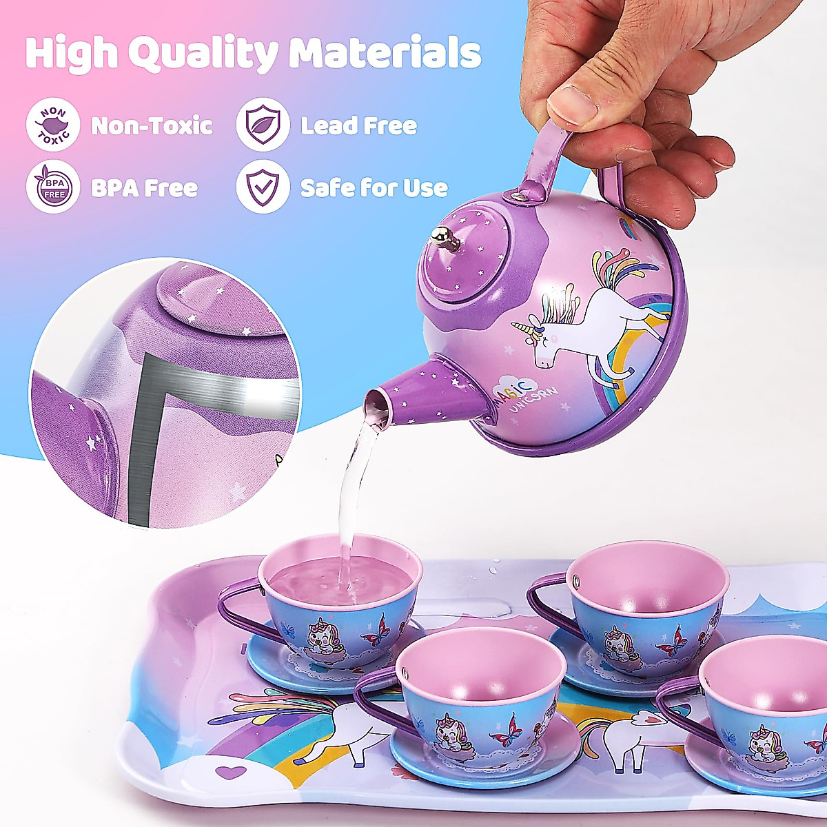 55Pcs Tea Party Set for Little Girls, Princess Tea Party Set, Unicorn Kid Tin Tea Set,Kids Kitchen Pretend Toy, Toddler Tea Party Sets for Girls 3-5, Girls Tea Party Set Gift for 4 + Year Old Girl