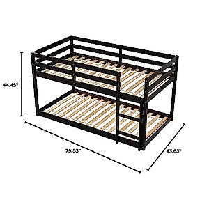 HomSof Twin Floor Bunk Bed, Twin Over Twin, Espresso