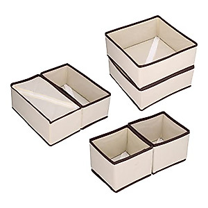 Orenic 6Pcs Plaid Fabric Underwear Organizer, Foldable Cloth Storage Bin with Dividers and Drawers for Bras, Panties, Socks, Ties, Scarves, Uncovered Beige Nursery Box