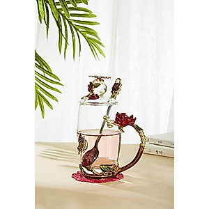Flower Teacup Transparent Glass Teacup, (With Spoon + Lid) , Fancy Tea Cups , Flower Tea Cup,Tea Cup Gift, Gifts for Women,Mother's Day Present，Gift Box. (Rose Red High Cup)