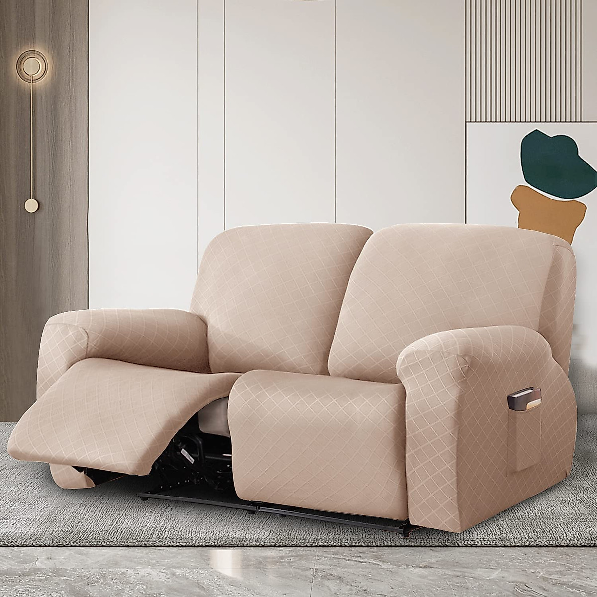 vctops Diamond Recliner Loveseat Slipcover 6-Pieces Stretch Dual Recliner Sofa Covers for 2 Seat Dual Reclining Loveseat Couch Soft Solid Furniture Protector (Camel,2 Seat)