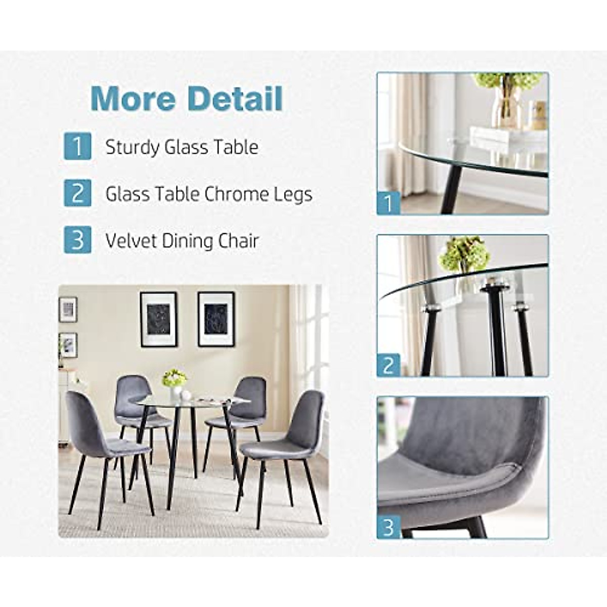 STYLIFING Dining Table Set for 4 Modern 5 Pieces Dining Room Set Mid Century Round Tempered Glass Kitchen Table and 4 Deep Grey Modern Velvet Fabric Upholstered Kitchen Chair with Metal Legs