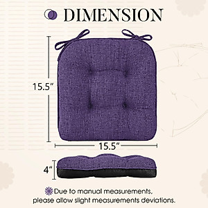 Basic Beyond Chair Cushions for Dining Chairs 4 Pack, Memory Foam Chair Cushion with Ties and Non Slip Backing, 15.5 x 15.5 Inches Tufted Chair Pads for Dining Chairs(Purple)