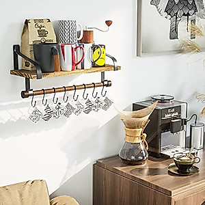 Love-KANKEI Floating Shelf Wall Shelf for Storage Rustic Wood Kitchen Spice Rack with Towel Bar and 8 Removable Hooks for Organize Cooking Utensils or Mugs Carbonized Black