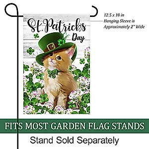 Texupday Happy St. Patrick's Day Cute Cat Kitty with Hat Clover Shamrock Floral Decoration Garden Flag Outdoor Yard Flag 12" x 18"