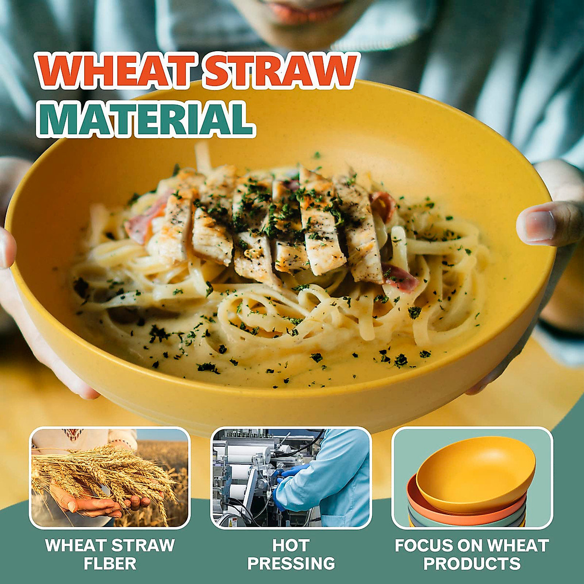 Teivio 8.4" Large Plastic Pasta Bowls Salad Bowls Reusable, 45 oz Pasta Serving Bowl Set of 8, Wheat Straw Serving Plate Bowls for Pasta, Salad, Cereal, Soup, Dishwasher Safe, Autumn Multicolor