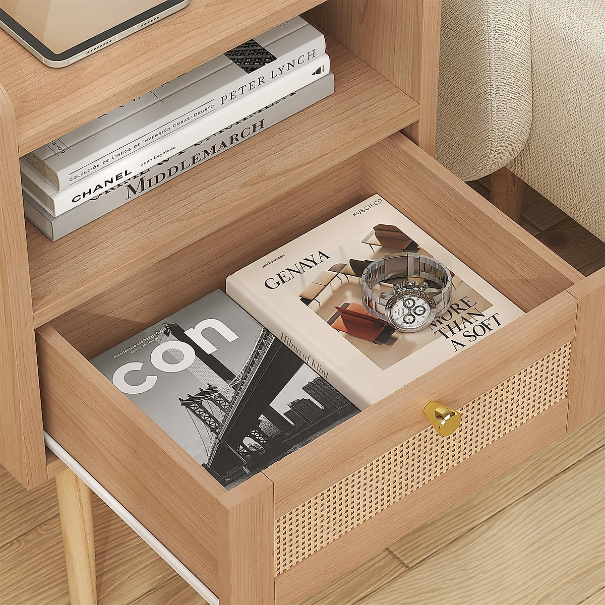 MECHYIN Night Stand Set of 2, Bedside Tables with Charging Station, Rattan End Tables, Boho Bed Side Tables, Wood Nightstands Set of 2 for Farmhouse Bedroom Living Room Dorm Sofa Couch Office Corner