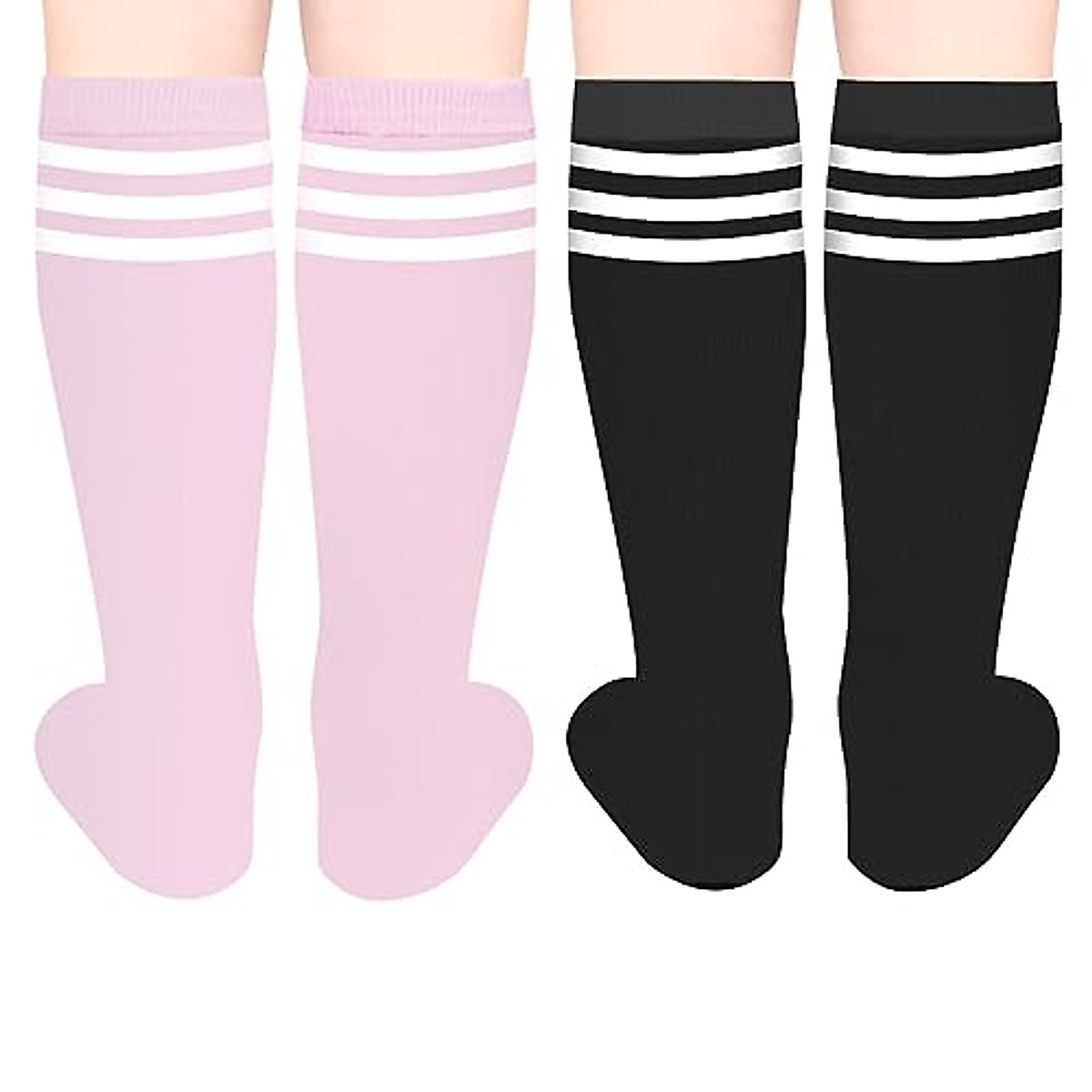 Gotneto Soccer Socks for Kids, Toddler, Cotton Knee High Three Stripes Tube Socks for Boys, Girls, Sports, Pink White & Black White One Size