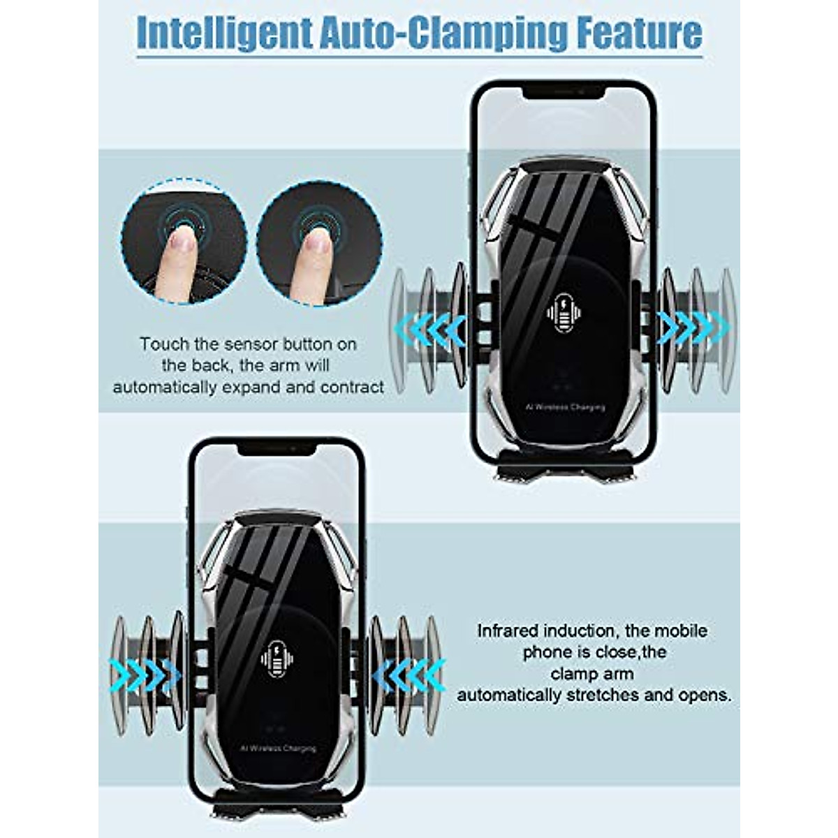 Wireless Car Charger,10W Qi Fast Charging Auto-Clamping Car Phone Mount Air Vent Phone Holder Compatible with iPhone 13/12/12Pro/SE/11/11Pro/11ProMax/XSMax/XS/XR,Samsung S10/S9/S8/Note10