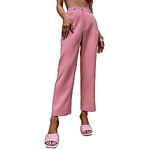 SweatyRocks Women's Slant Pocket High Waist Straight Leg Anti Wrinkle Pants Watermelon Pink S