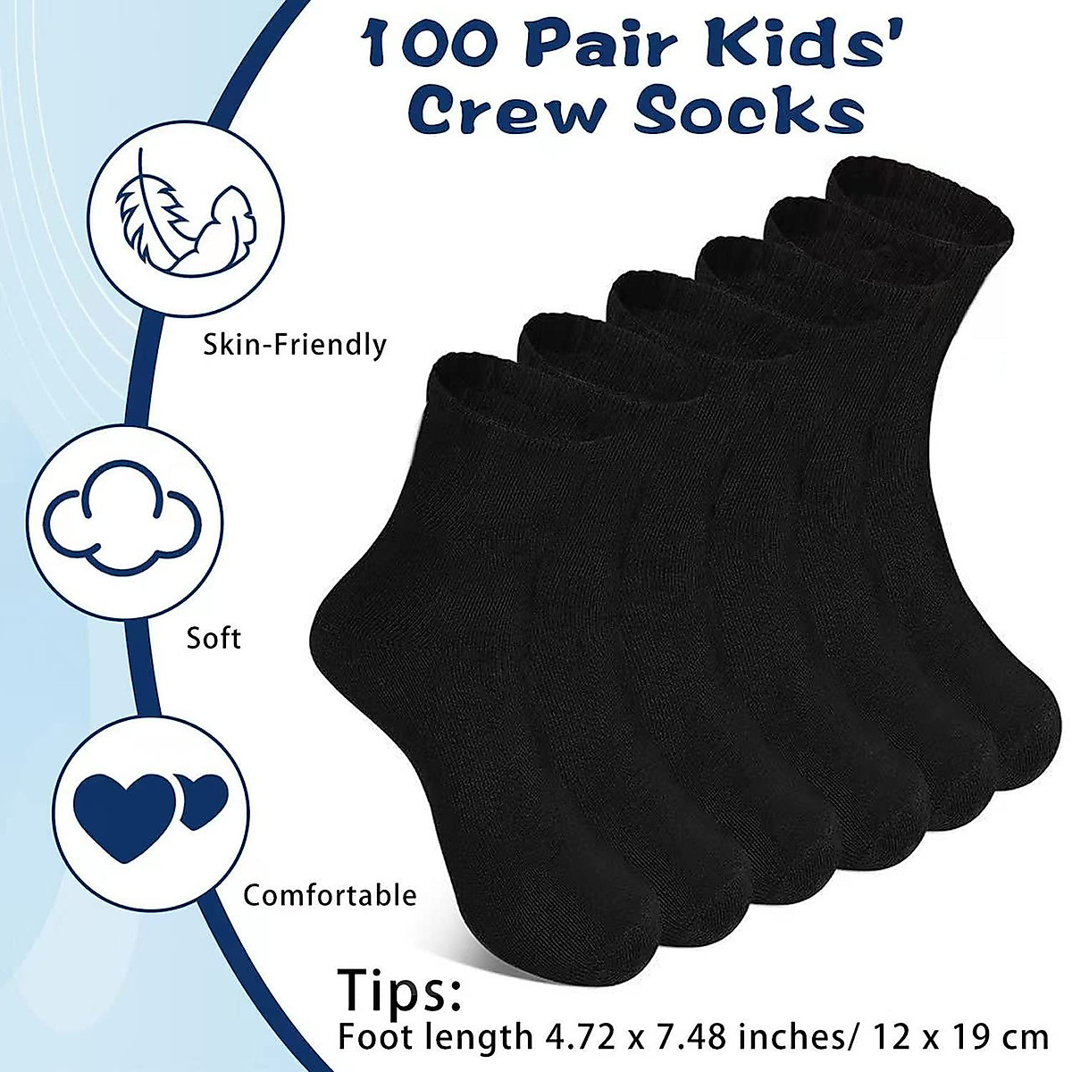 Hanaive Bulk 100 Pair Kids Black Crew Socks Unisex Stretch Cotton Socks Soft Comfortable Kids Dress Socks Basketball Soccer Training Socks for Toddlers Kids Youth Age 5-10