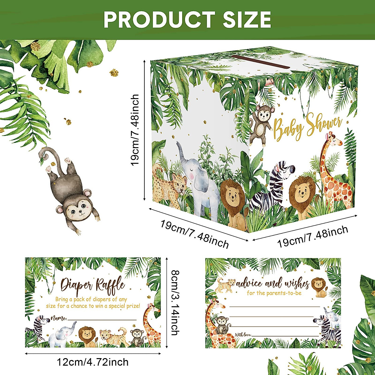 51 Pieces Woodland Baby Shower Card Box and Advice Cards, Diaper Raffle Game Box Tickets, Animals Safari Creatures Party Decorations for Baby Shower, Birthday, Gender Reveal (Jungle Animal Theme)