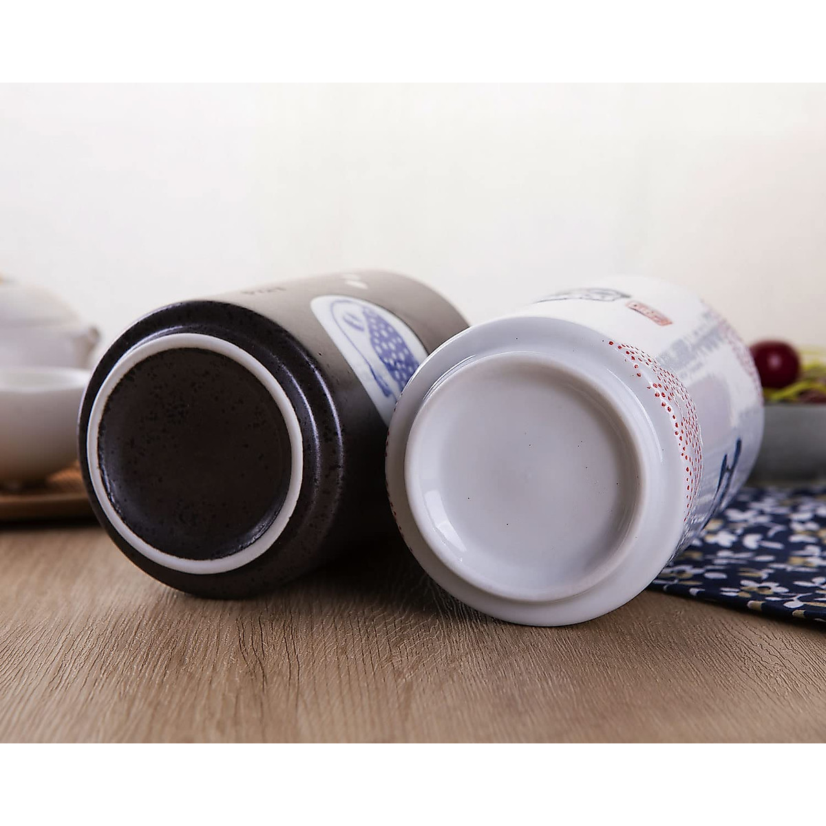 WHJY 10oz Transitional Chinese/Japanese style Handle-less Ceramic Tea cups teacup, Puffer Pattern Set of 2