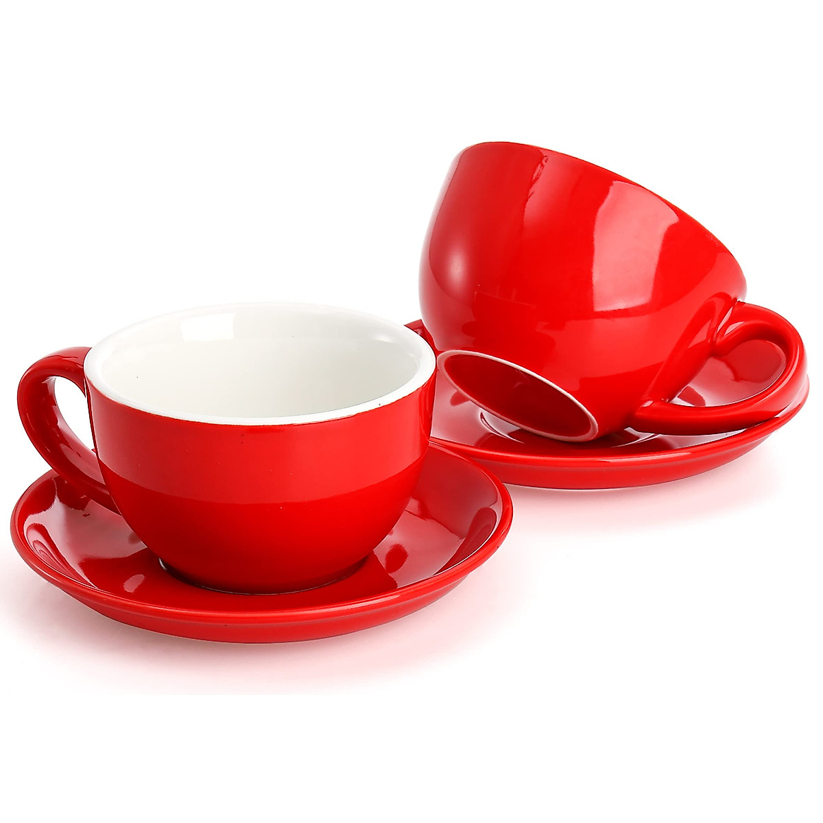 Yesland 2 Pack Ceramic Coffee Cup with Saucer, 8.5 oz Cappuccino Cup Latte Cup, Glossy Red Espresso Cups for Specialty Coffee Drinks, Latte, Cafe Mocha and Tea