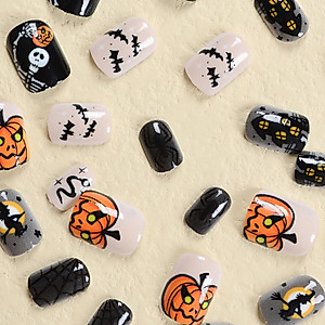 Halloween Press on Nails Short Square Fake Nails with Skull Pumpkins and Bats Designs Full Cover Stick on Nails Cute False Nails for Women Girls 24Pcs