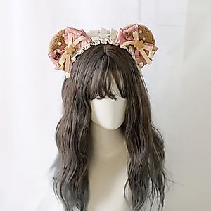 GK-O Lolita Bear Ear Headband Bowknot Hair Kawaii Lolita Prop Headwear Cute Hairpin Female Headdress Hair Accessories Handmade (Pink)