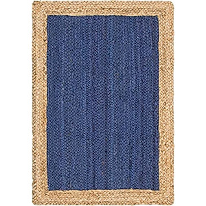 Unique Loom Braided Jute Collection Classic Quality Made Natural Hand Woven with Solid Color Detail, Area Rug, Rectangular 2' 0" x 3' 0", Navy Blue/Tan