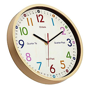 JoFomp Teaching Clock for Kids | 12 inch Educational Wall Clock for Learning Time, Silent Non-Ticking Quartz Decorative Wall Clock for Teacher's Classrooms or Children's Bedrooms (Yellow)