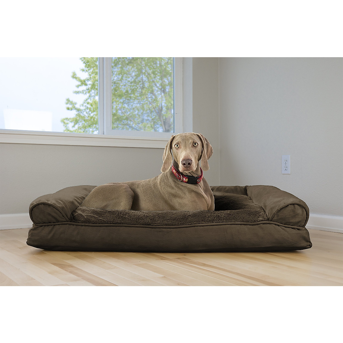 Furhaven Pillow Dog Bed for Large Dogs w/ Removable Bolsters & Washable Cover - Plush & Suede Sofa - Espresso, Jumbo/XL