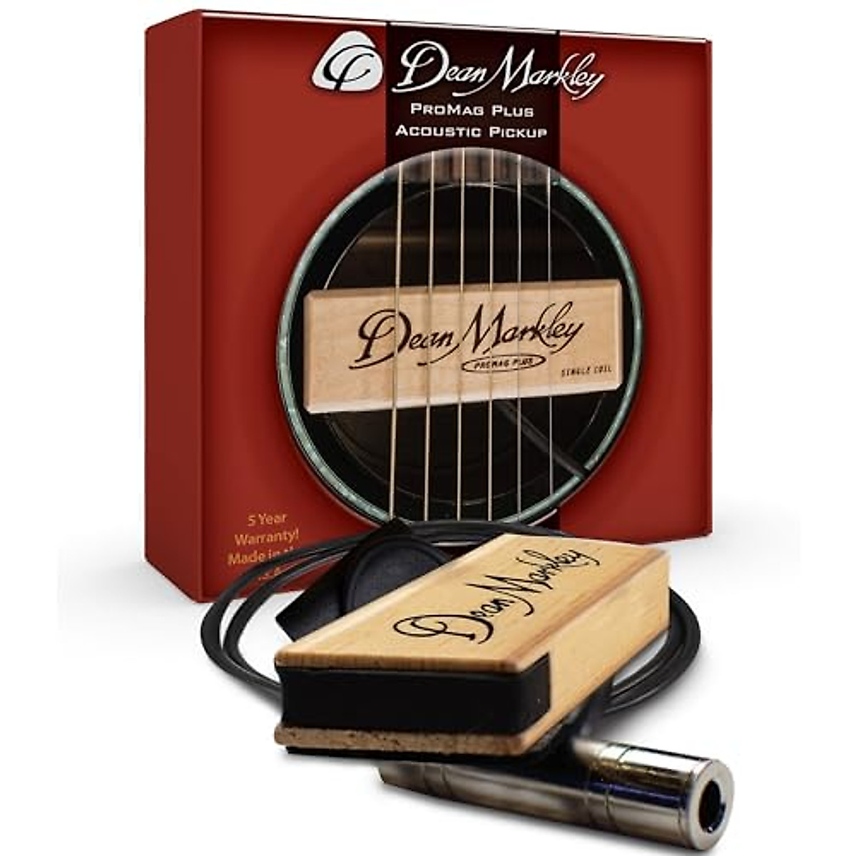 Dean Markley Pro Mag Plus XM Acoustic Guitar Single Coil Pickup, Smooth Maple Wood Design Active Soundhole Pickup Ebony Finish, Perfect String Balance and 15 Ft Low Noise for Steel-String Guitars