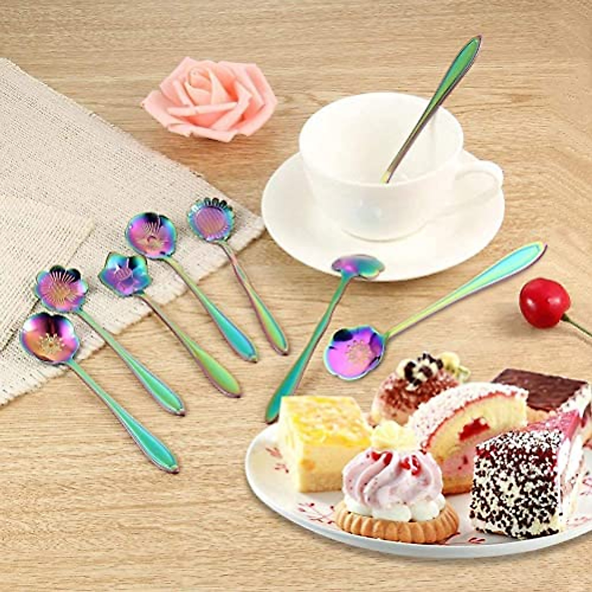 Flower Spoon Set, niceEshop Stainless Steel Teaspoon Colorful Coffee Spoon Tea Spoon Mixing Spoon Sugar Spoon, Set of 8, Rainbow