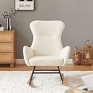 Recaceik Rocking Chair, Modern Teddy Fabric Rocker Glider Chair with High Backrest and Armrest, Comfy Side Chair Bedroom Living Room Chair Armchair, 2 Handy Pockets, Metal Frame, Wood Leg(Beige)