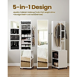 Hzuaneri 8 LEDs Jewelry Cabinet Armoire, 64.8-inch Jewelry Organizer with 1 Garment Rack, Lockable Full-length Mirror with 4 Wheels, Storage Shelves with Hooks, 5-in-1 Multifunctional, White JC17003B