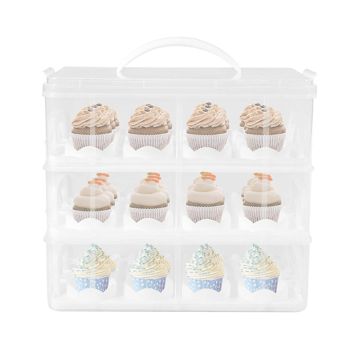 RENFANSHOP 3 Tier Cupcake Packing Box with Lid，Cupcake Muffin Carrier with Lid White Cakes Food Transporter Container Holds 36 Cupcakes or 3 Large Cakes Food with 3 Tier Stackable Layer Insert