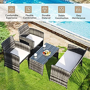RELAX4LIFE 4-Piece Wicker Furniture Set - Hand-Woven PE Conversation Set with Cushions and Tempered Glass Coffee Table, Outdoor Rattan Sofas for Garden, Poolside, Backyard (White)