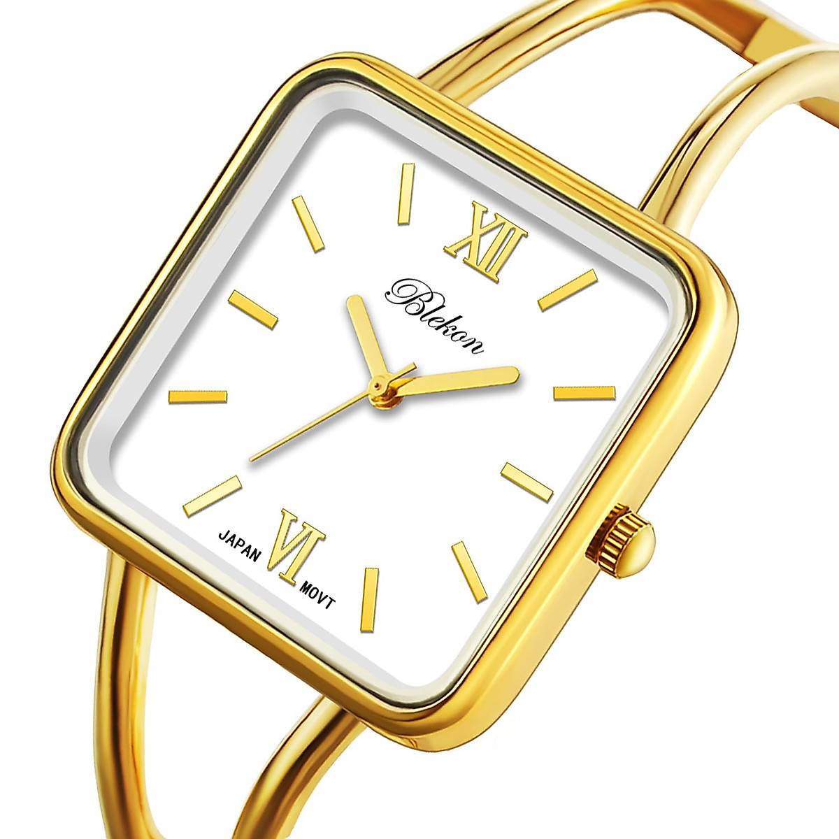 Blekon Collections Womens 30mm Square Elegant Metal Cuff Bangle Fashion Watch (Gold)