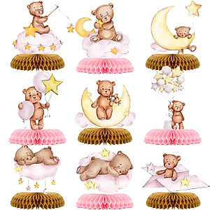9 Pcs Bear Baby Shower Honeycomb Centerpieces Party Decorate Pink Little Bear Balloons Paper Topper Honeycomb 3D Table Decoration for Kids Party Baby Shower Party Supplies